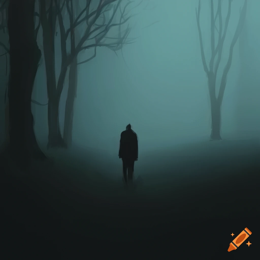 Liminal foggy and dark place with a small figure walking on Craiyon