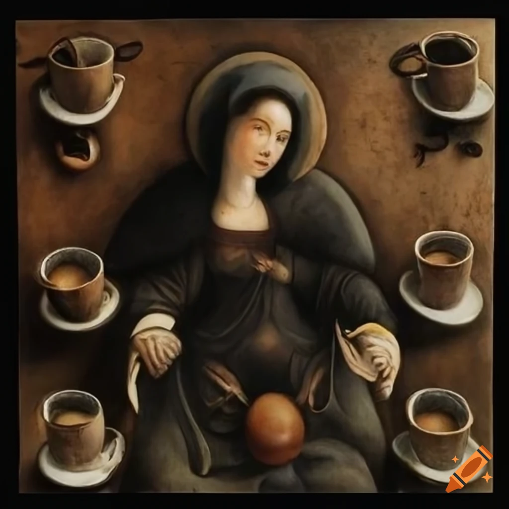 Medieval goddess enjoying black coffee in homage to hieronymus bosch on ...