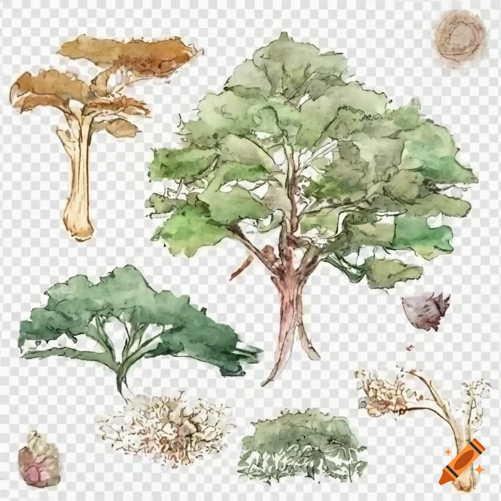 Botanical watercolor tree drawings in medieval book print style on Craiyon
