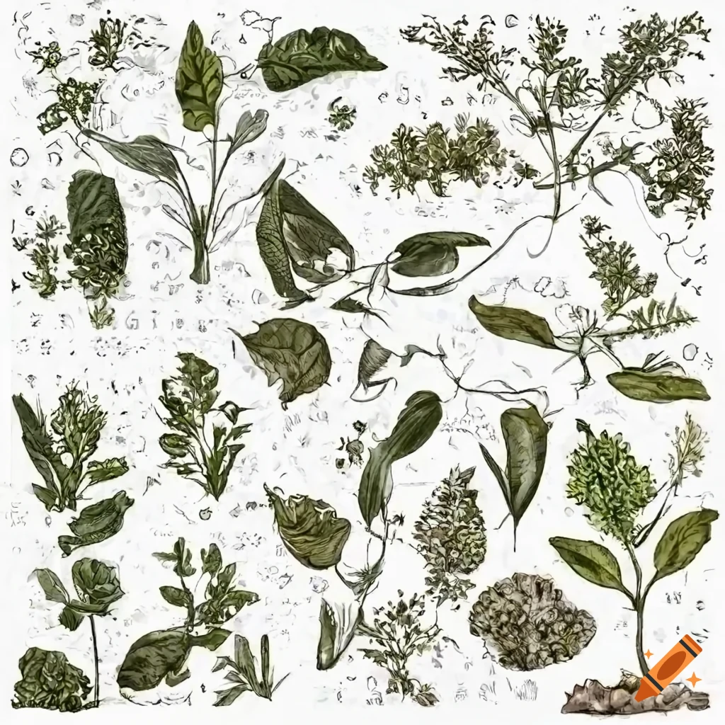 Collection of intricately drawn herbs in medieval style on Craiyon