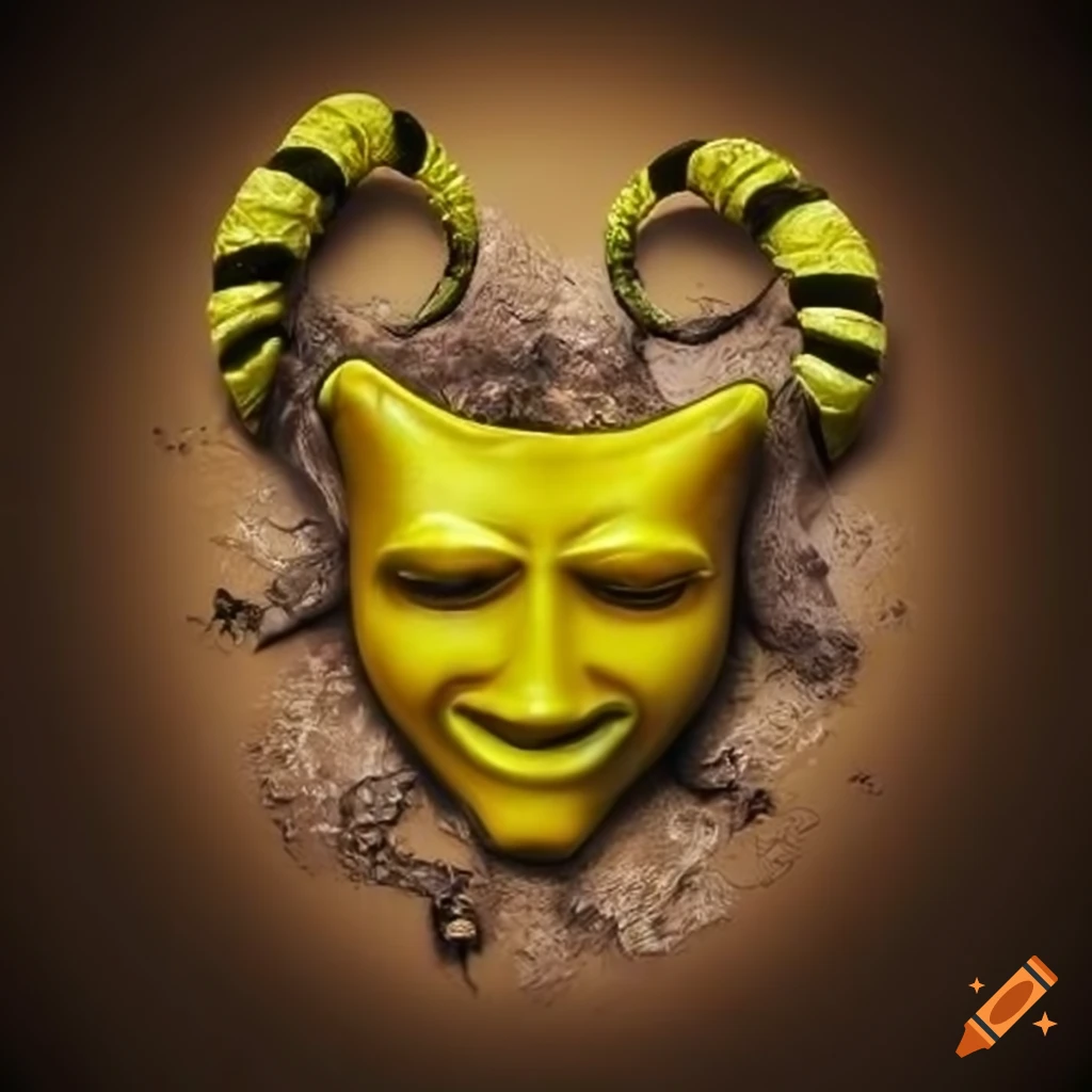 Intriguing logo with a devil's goat figure in yellow clothing and theater mask on Craiyon