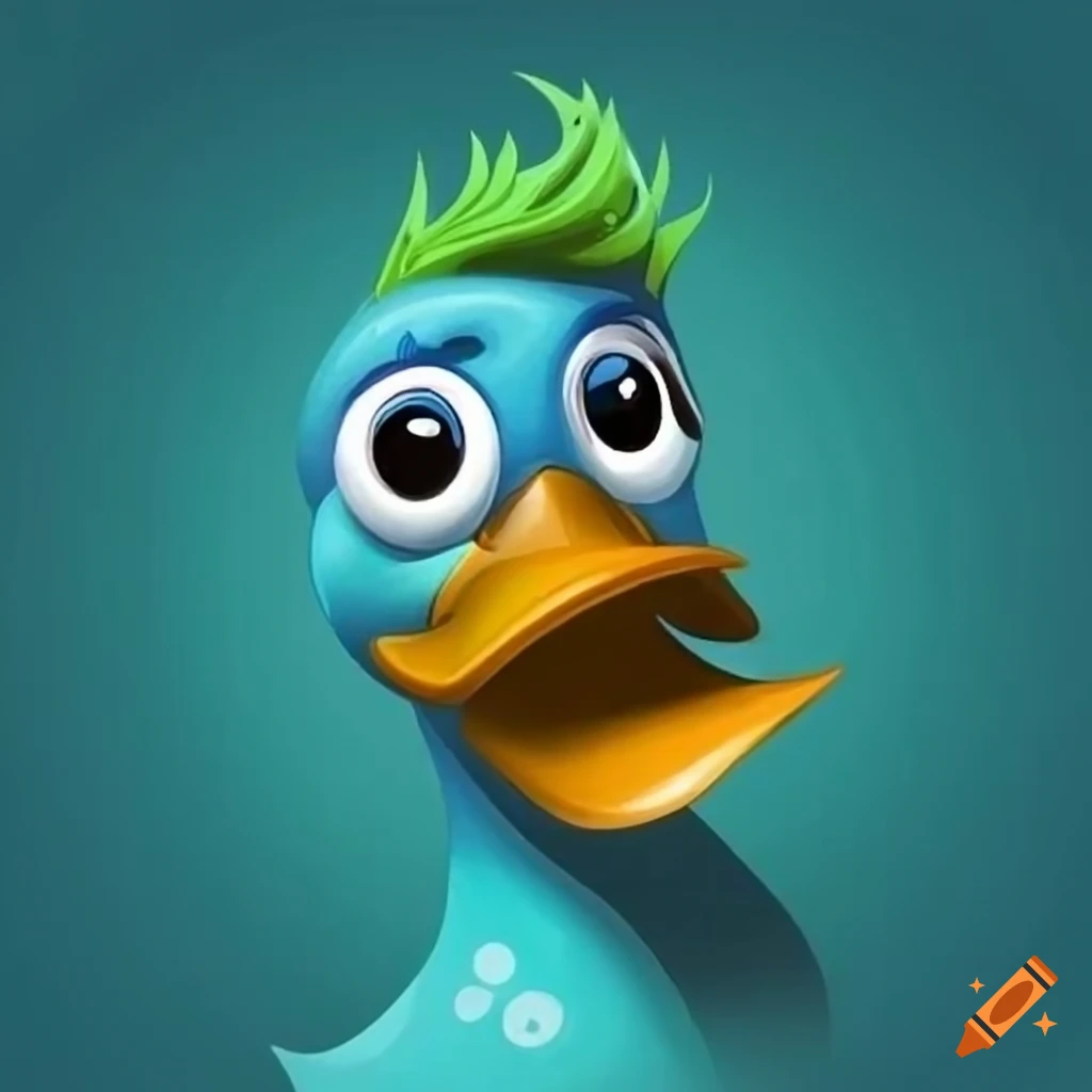 Cartoon green duck with blue hair patch on Craiyon