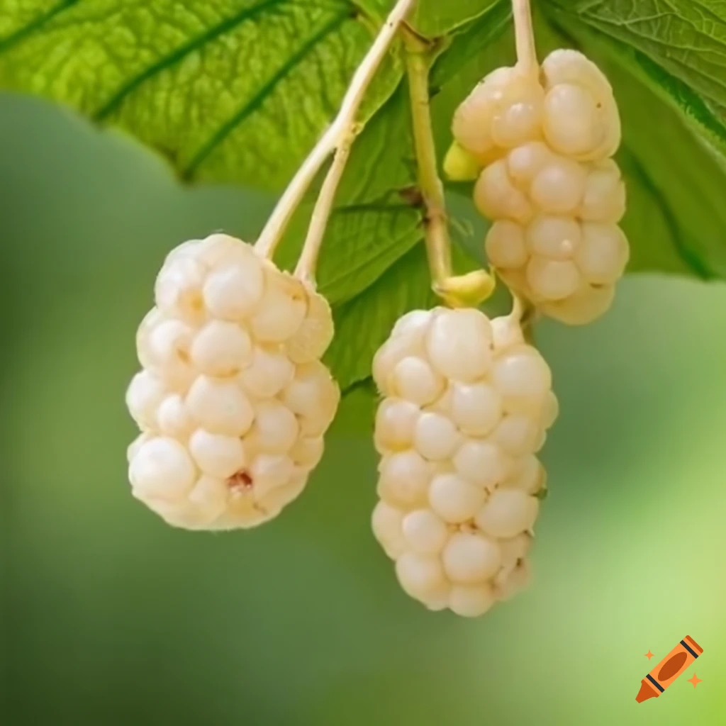 White mulberries hanging from a tree branch on Craiyon