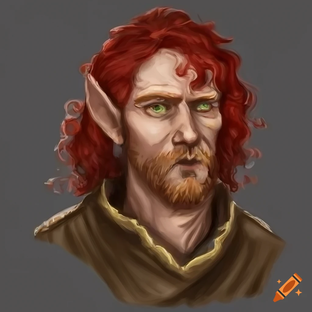 Portrait of a male halfling with brown hair in red and gold attire on ...