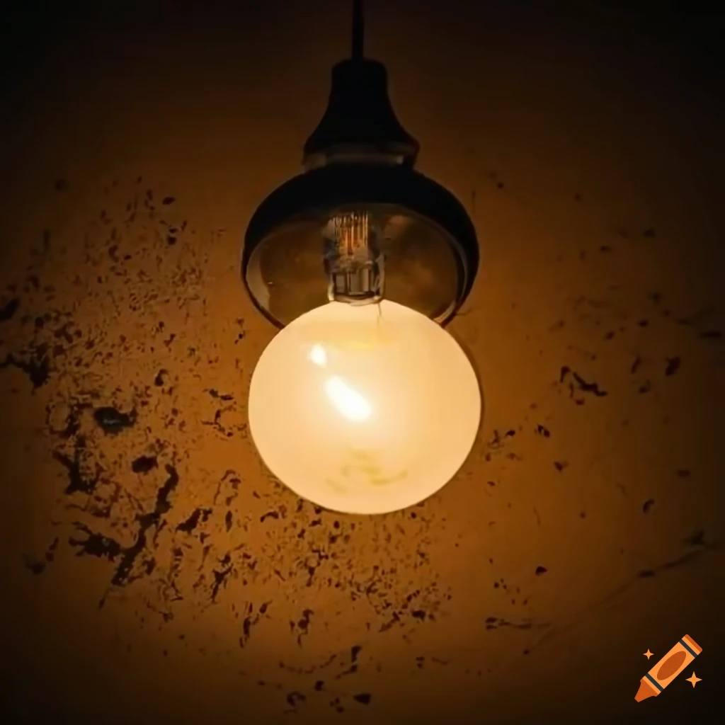 Old-fashioned light bulb casting warm shadows on worn-out ceiling on ...