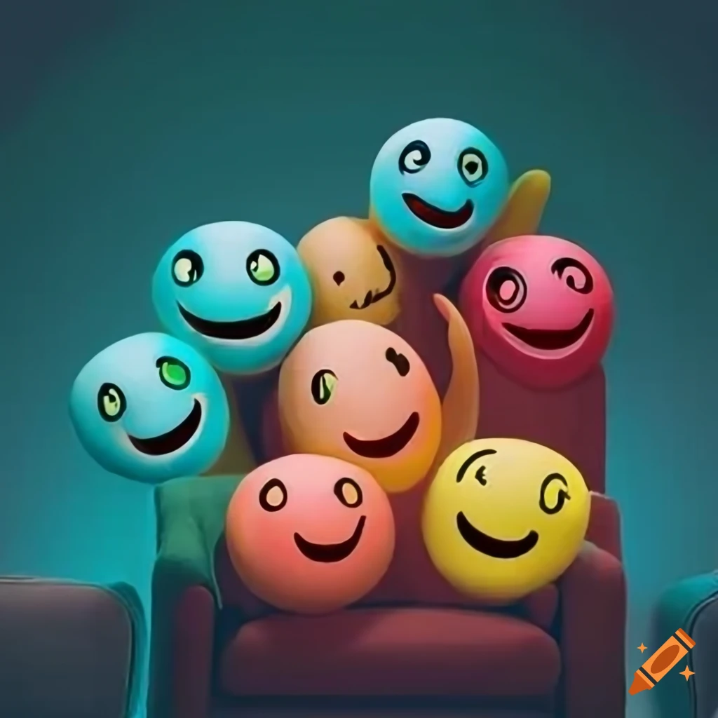 Family sitting on a couch in a living room with smiley faces as heads ...