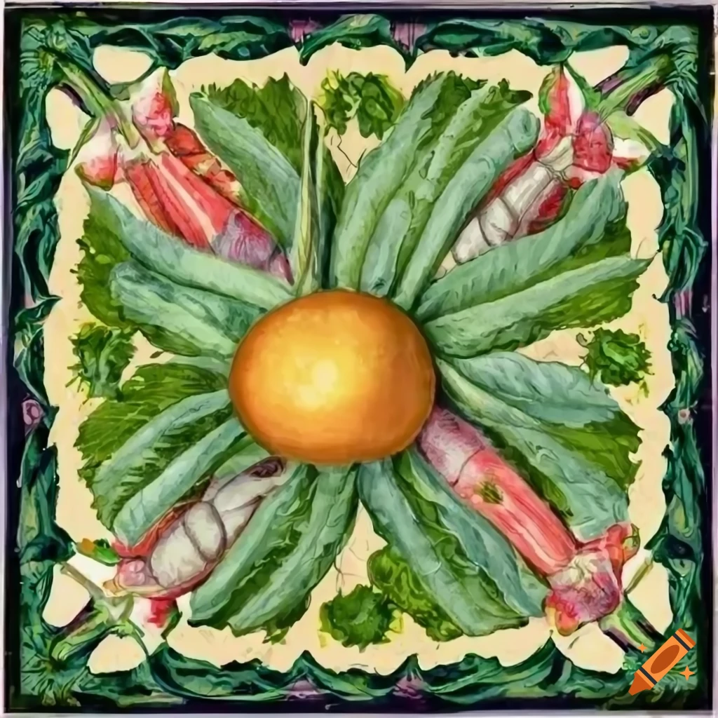 Colorful botanical drawings of vegetables in medieval style on ...