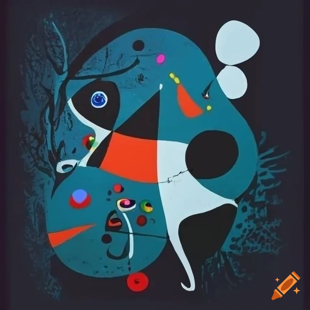 Surrealist scene with red, yellow, white, and blue creatures and plants ...