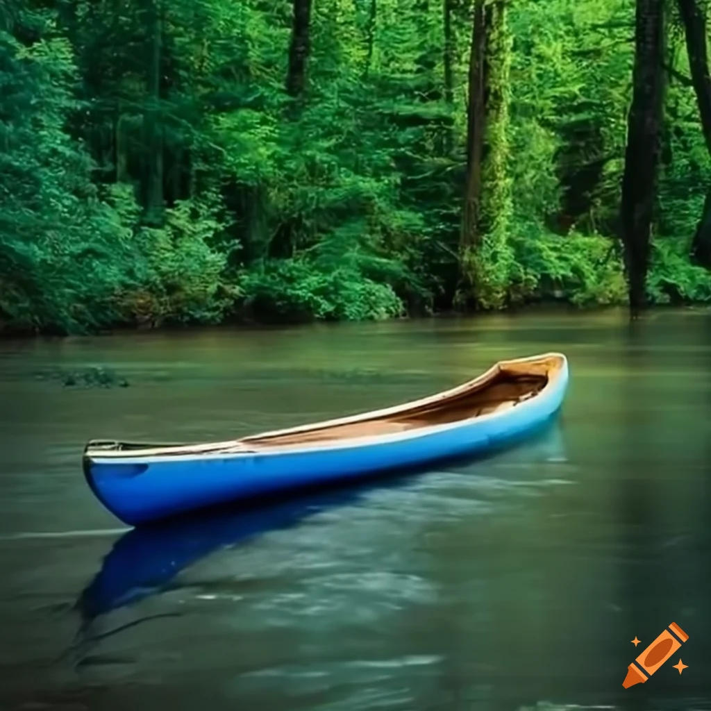 Canoe floating down a river surrounded by thick forest on Craiyon