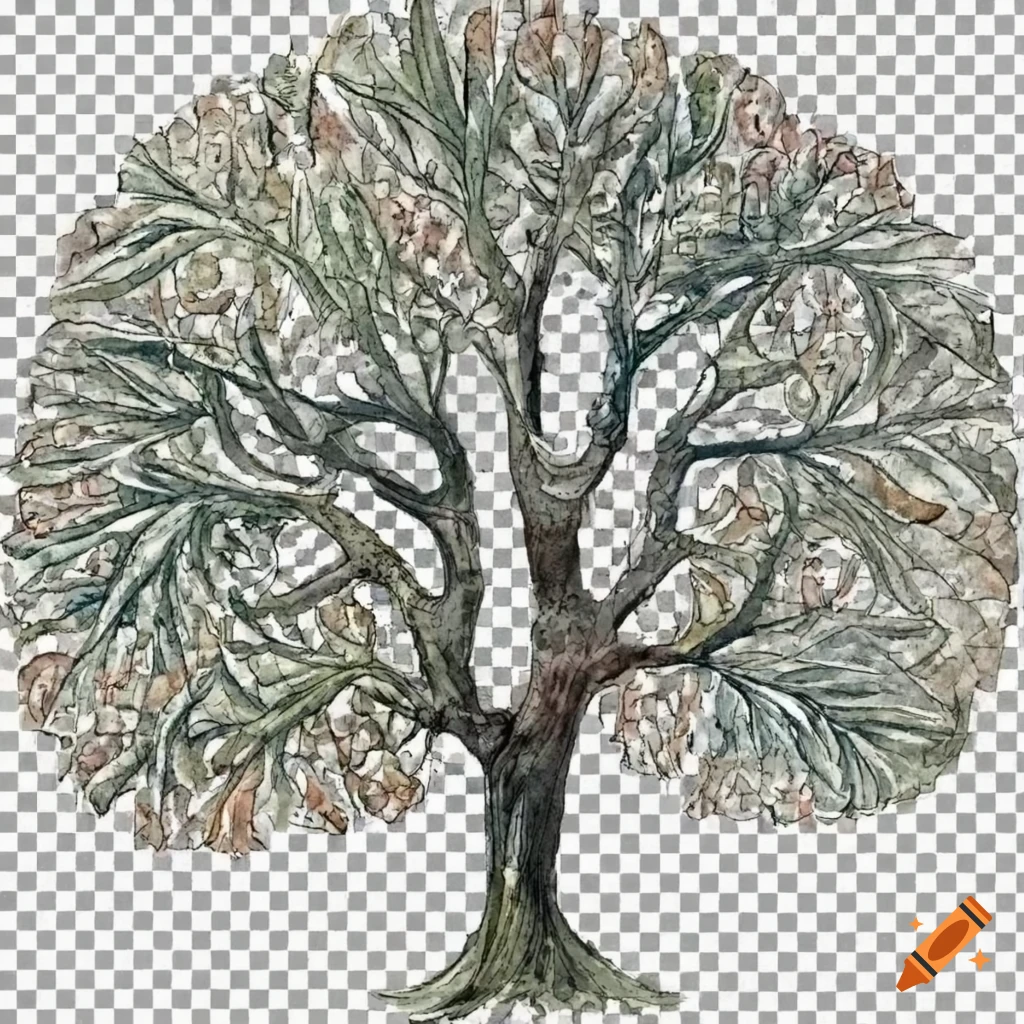 Botanical watercolor tree drawings in medieval book print style on Craiyon