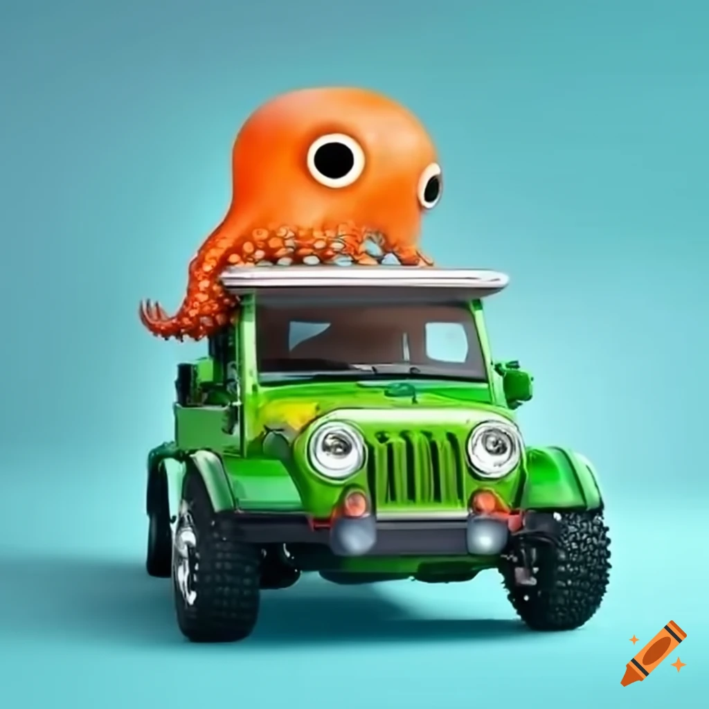 Orange octopus driving a silver and green jeep on Craiyon