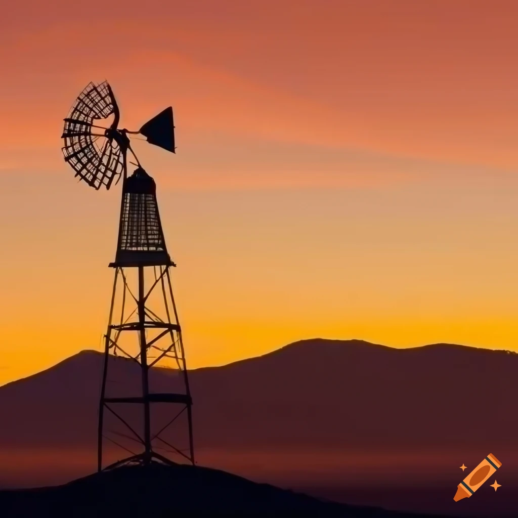 Idyllic landscape with rolling hills and a southwest windmill against a ...