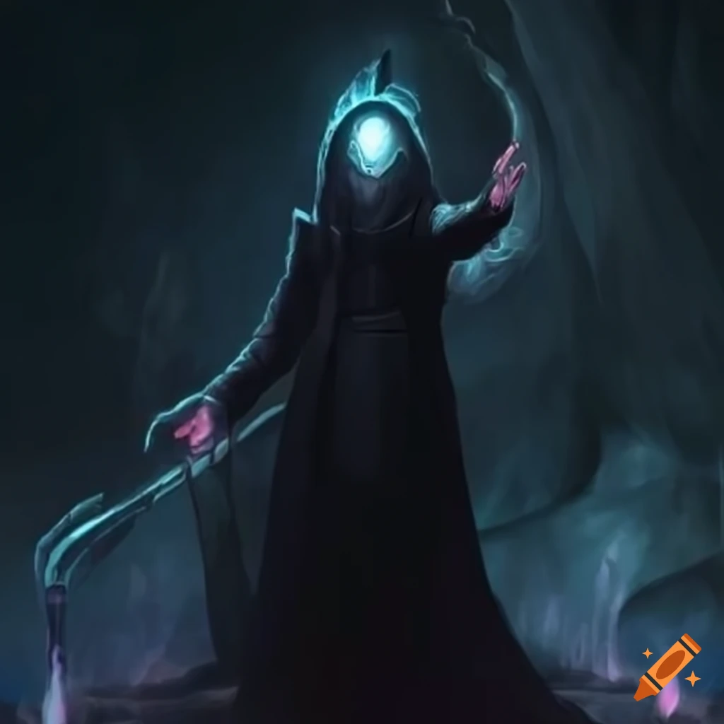 Male mage in black cloak using dark magic with glowing eyes on Craiyon