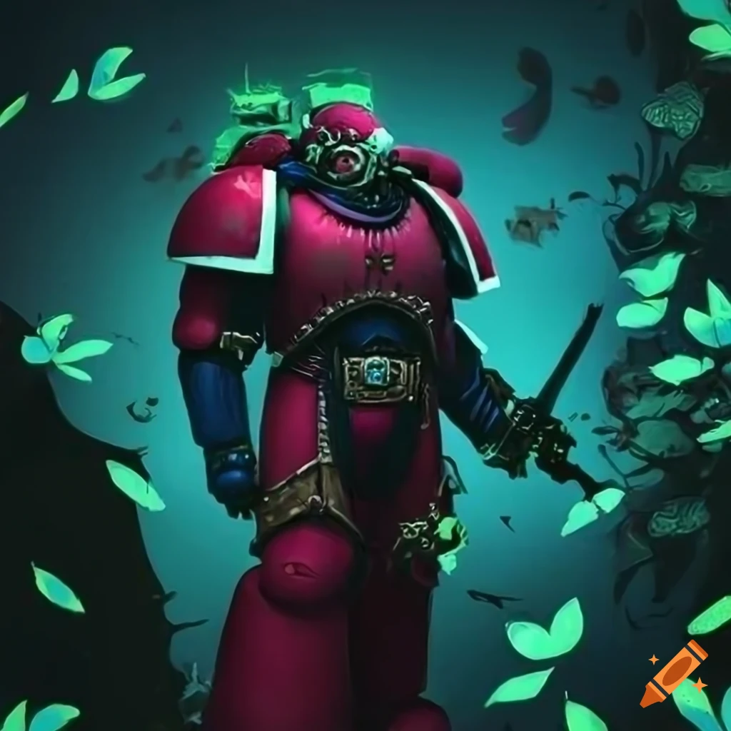 Neon cyberpunk warhammer 40K Space marine in a black forest with neon ...