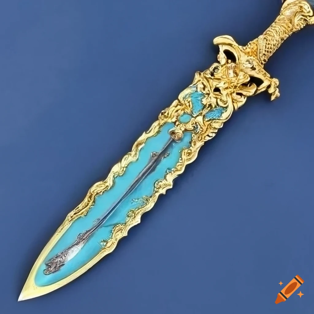 Gold plated and sky blue athame (ritual dagger) on Craiyon