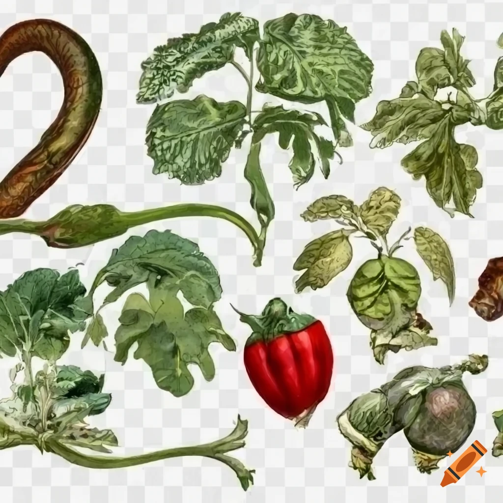 Medieval style botanical drawings of vegetables with herb names on ...