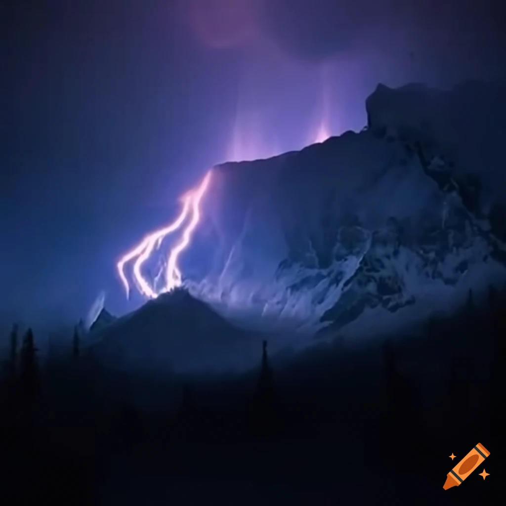 Night scene of a violent avalanche during a thunderstorm on Craiyon