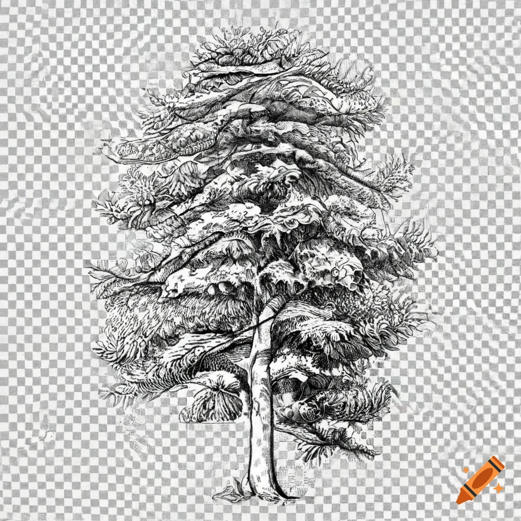 Detailed botanical tree drawings in antique ink style on transparent ...