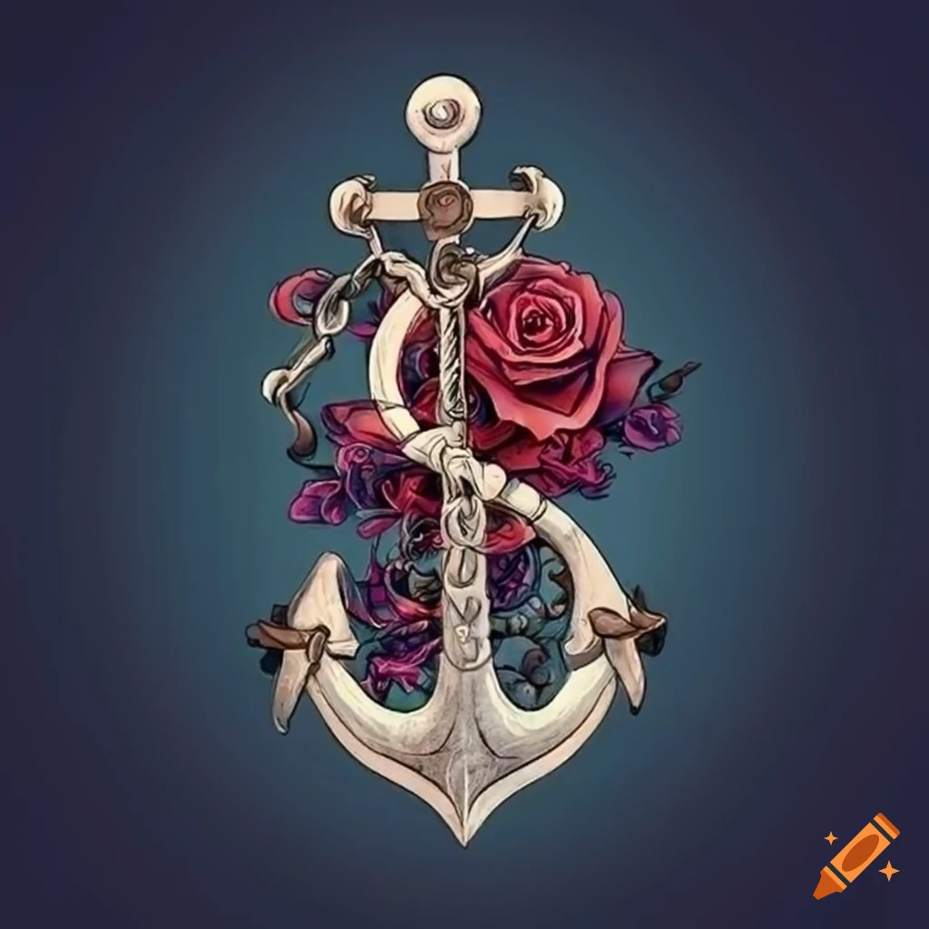 Anchor with roses, swords, and chain links in a unique tattoo design ...