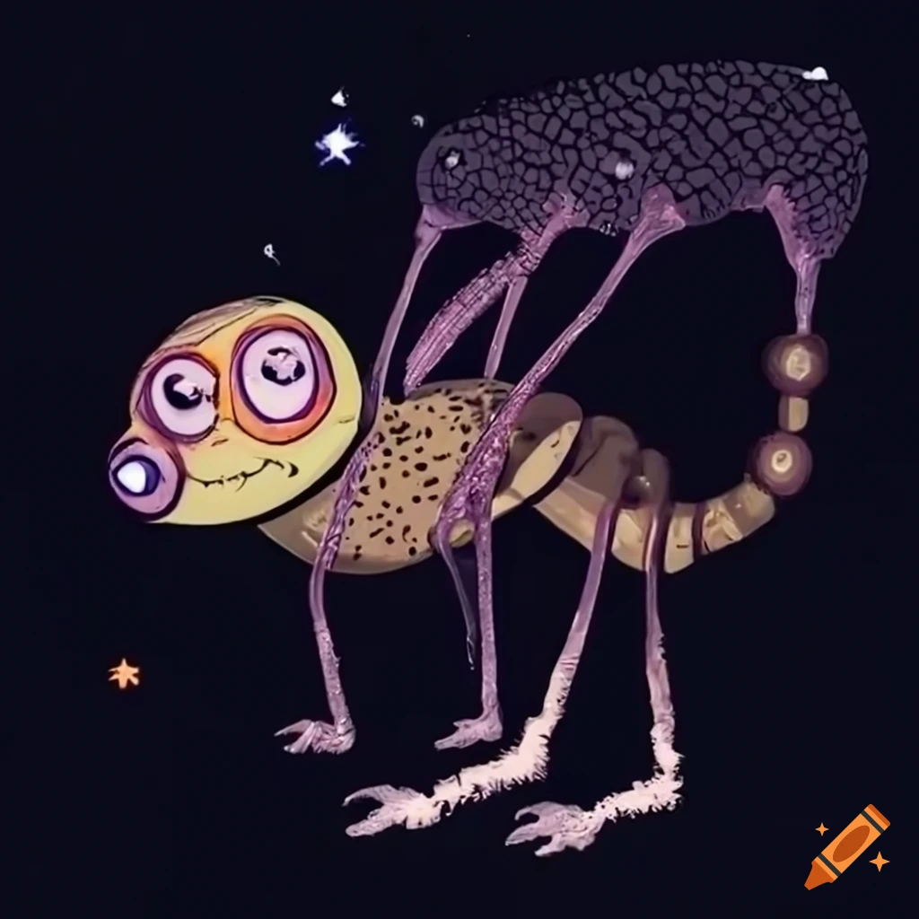 Cartoon insect with bulging legs in a surreal microscopic world on Craiyon