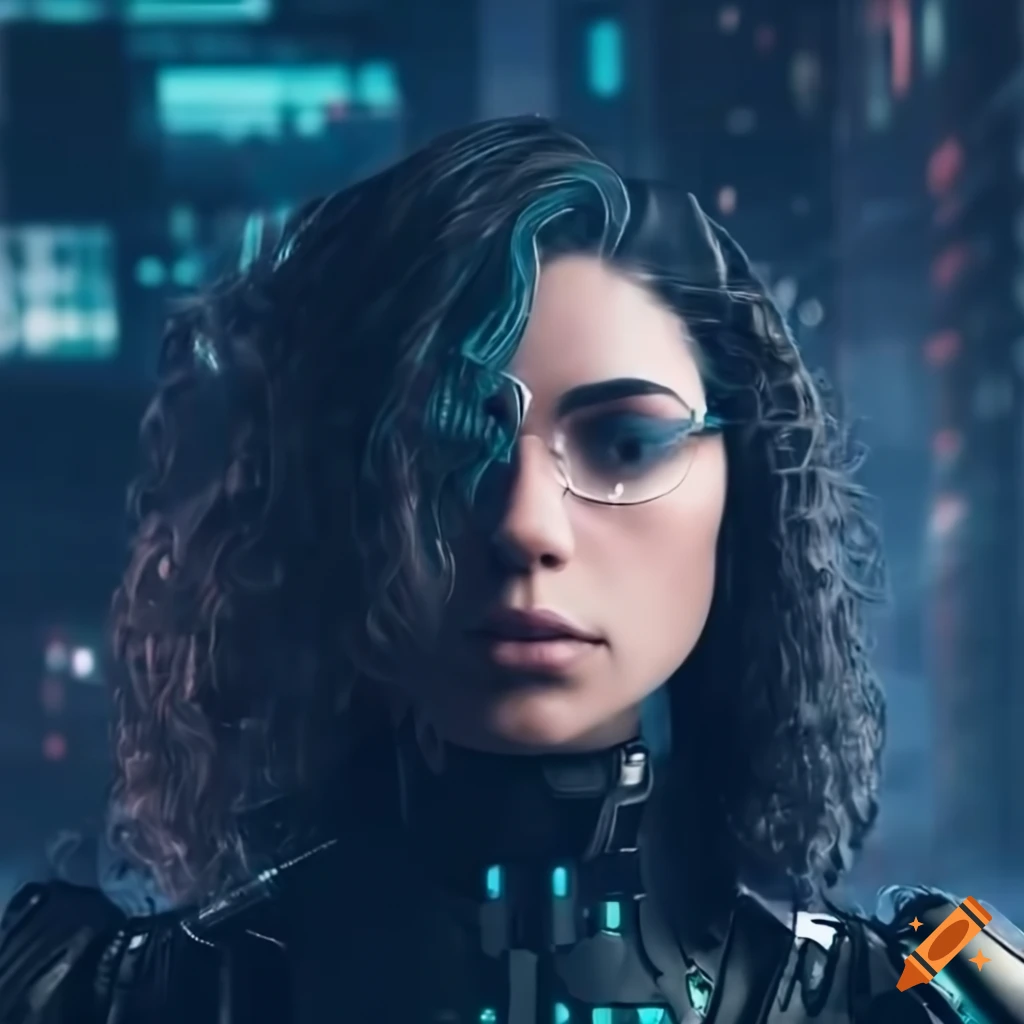 Hispanic woman with cyborg arm in futuristic city on Craiyon