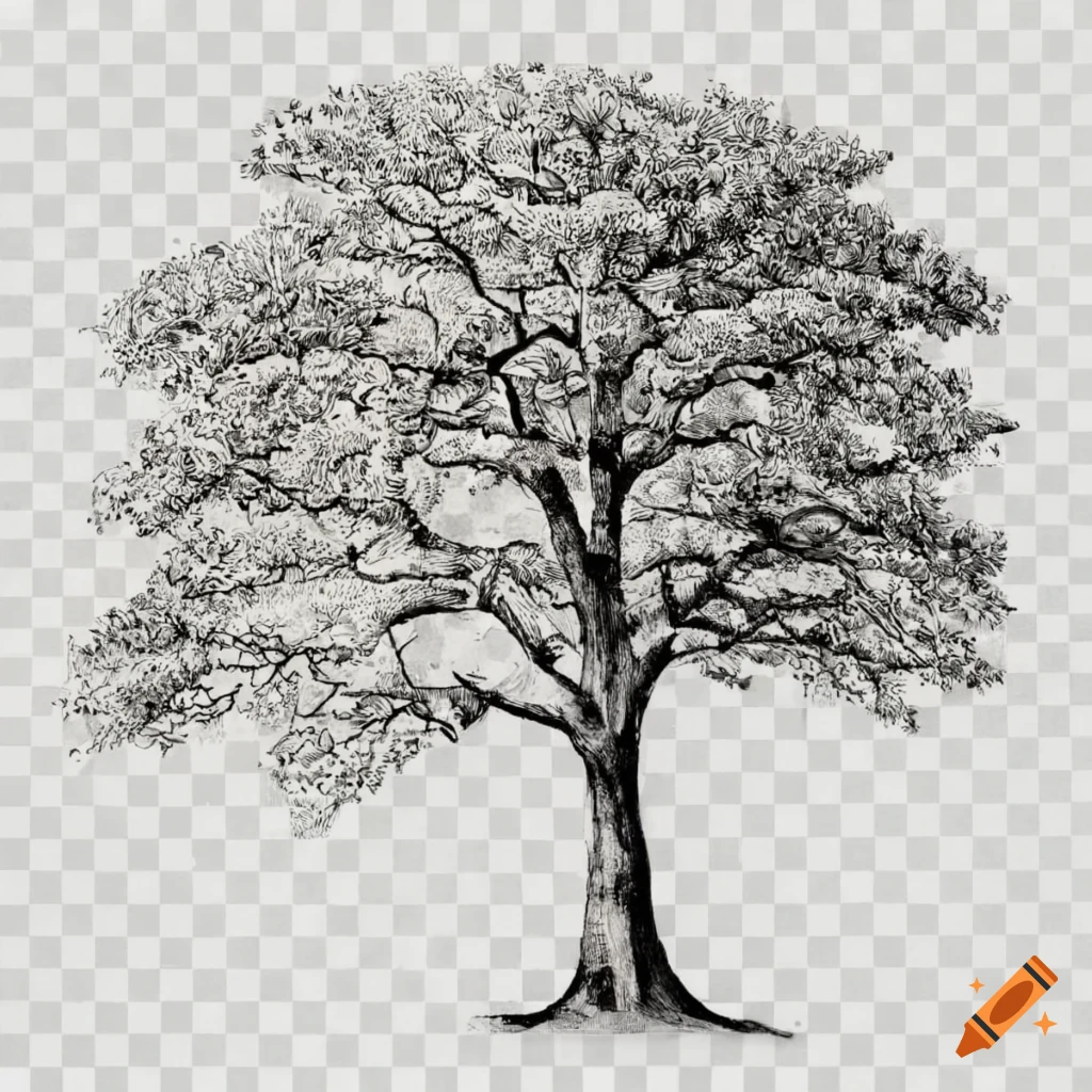 Botanical drawings of trees in medieval style on transparent background ...