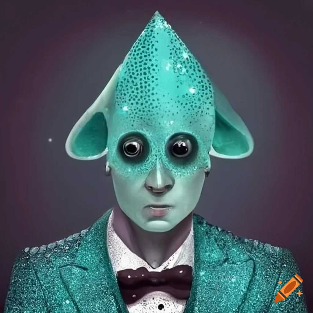 Squid man in a glittery teal tuxedo on Craiyon