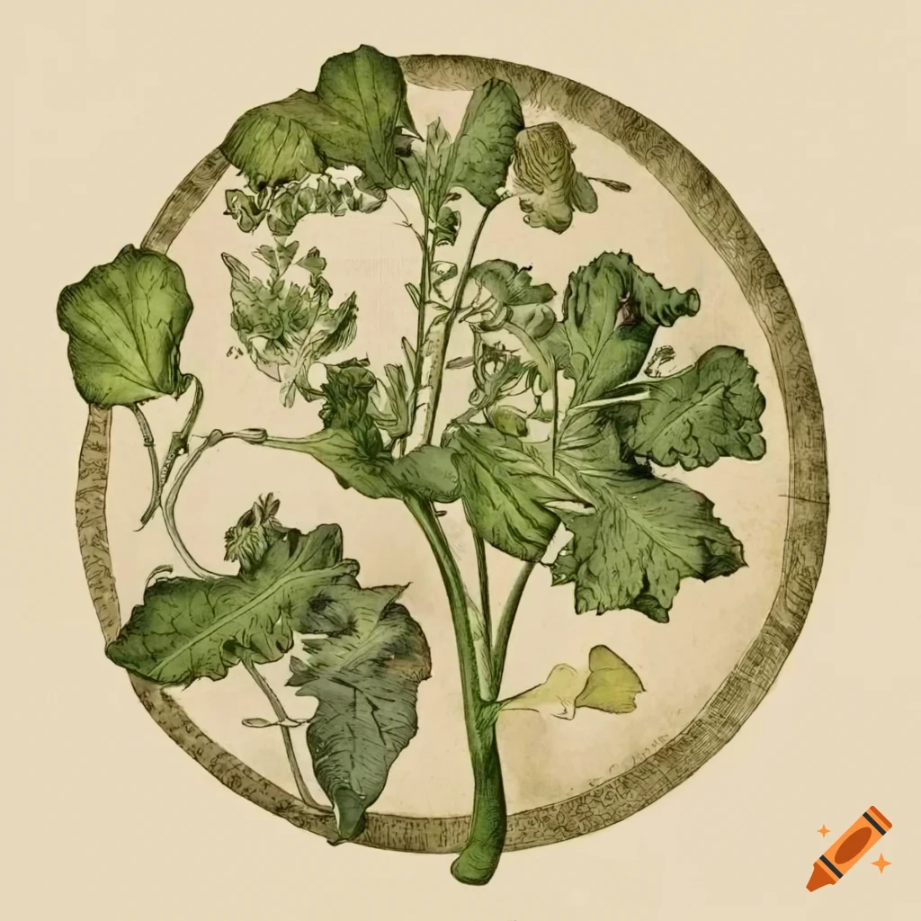 Medieval style botanical drawings of vegetables with herb names on ...