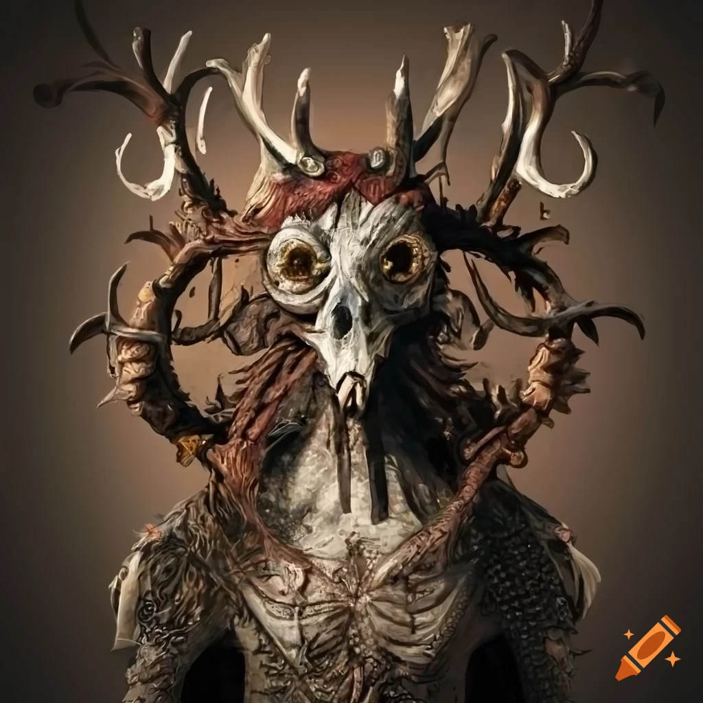 Steampunk wendigo in an enchanted forest with large antlers on Craiyon