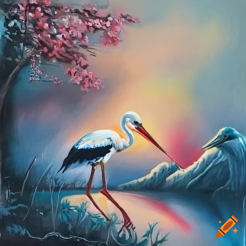 Beautiful stork in a chinese landscape acrylic painting on Craiyon