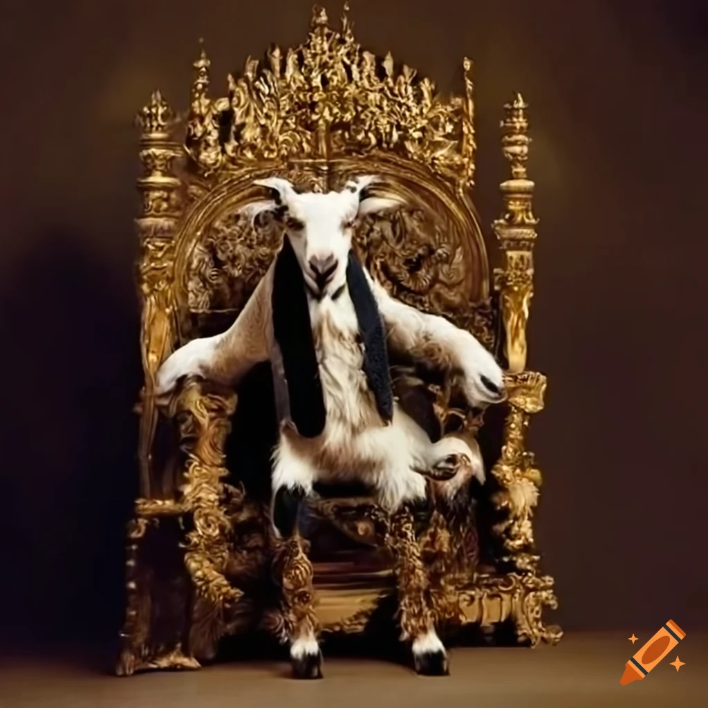 Shaggy goat in formal suit on ornate chair with wise eyes on Craiyon