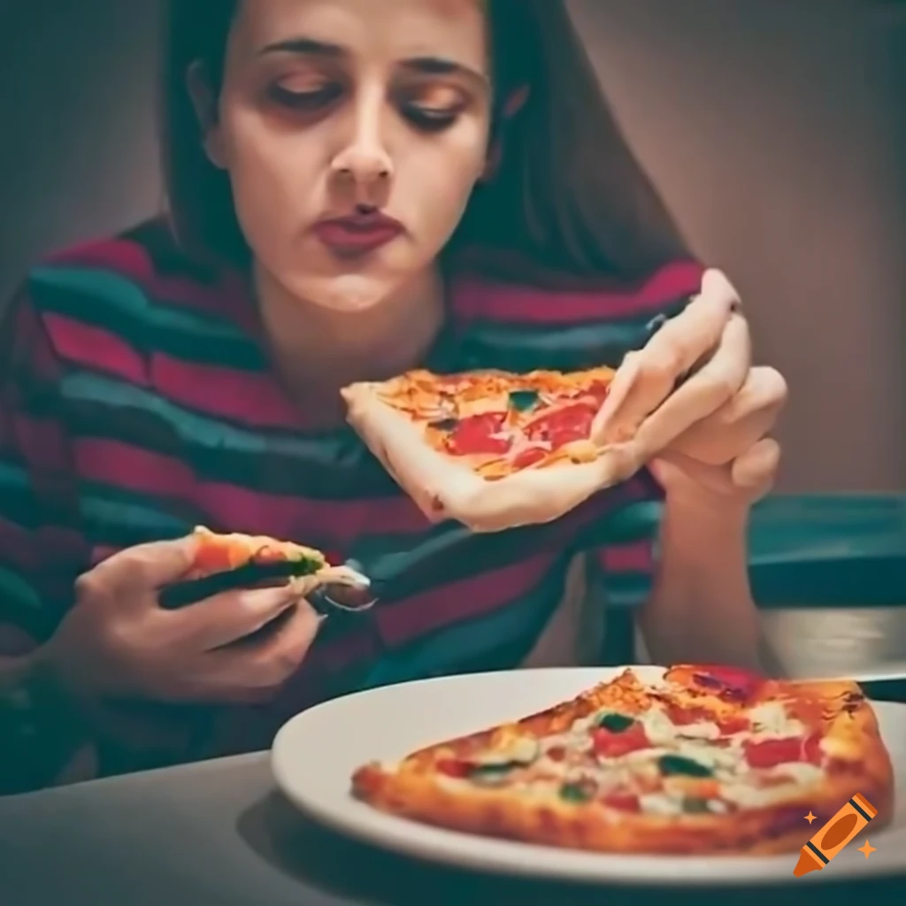 Person eating pizza in a hotel on Craiyon