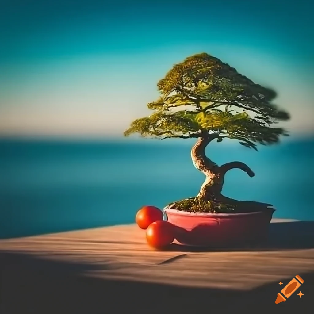 Bonsai tree and tomato on oceanside cliff on Craiyon