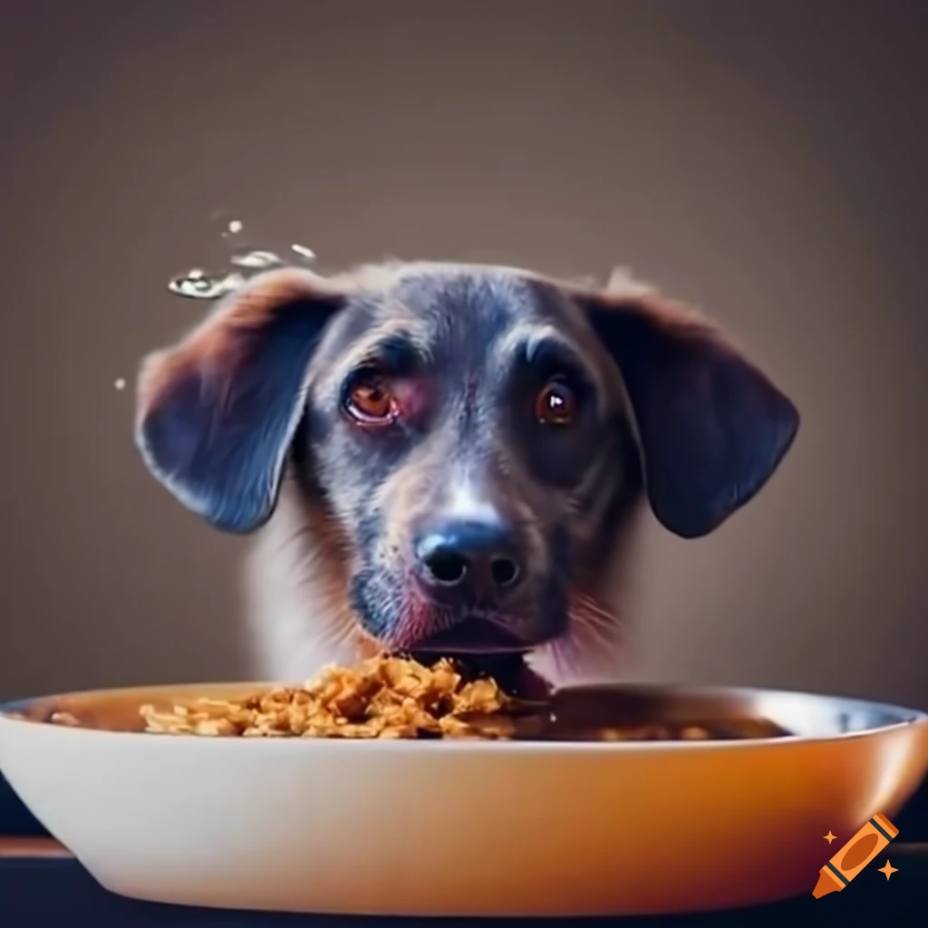 Dog staring at food bowl with motor oil on Craiyon