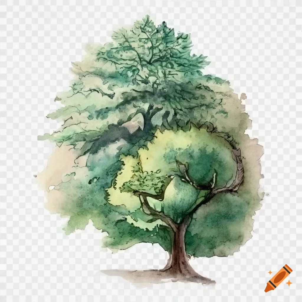 Botanical watercolor tree drawings in medieval style on transparent ...