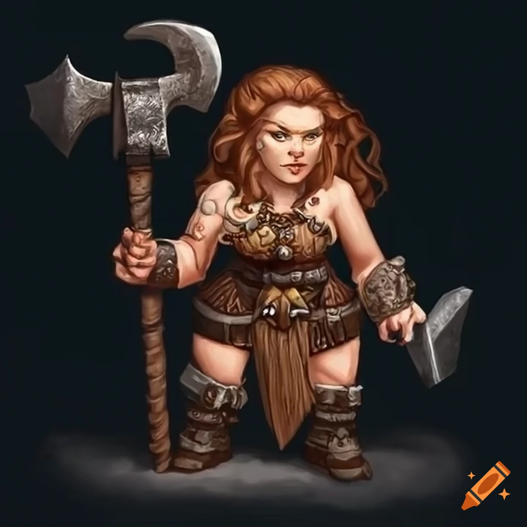 Barbarian dwarf woman holding a great axe on Craiyon