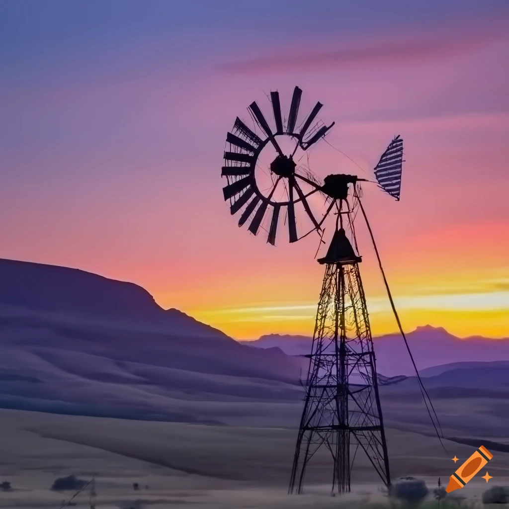 Idyllic landscape with rolling hills and a silhouetted windmill against ...