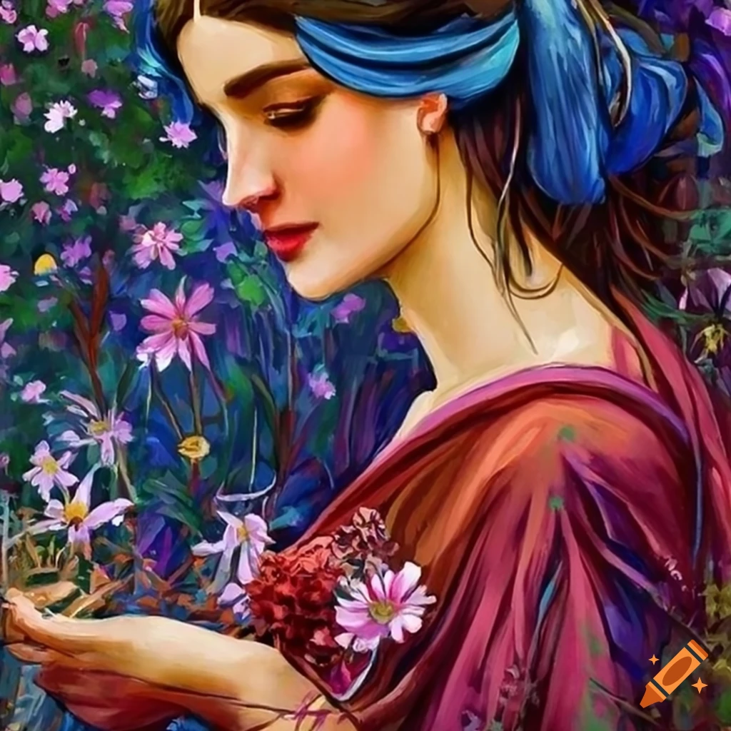 Beautiful young lady with flowers in waterhouse style painting on Craiyon