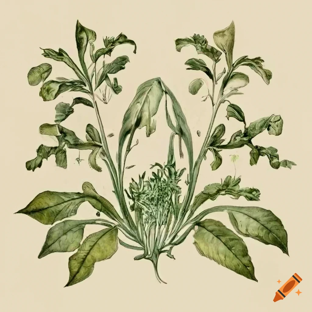 Medieval style botanical drawings of vegetables with herb names on ...