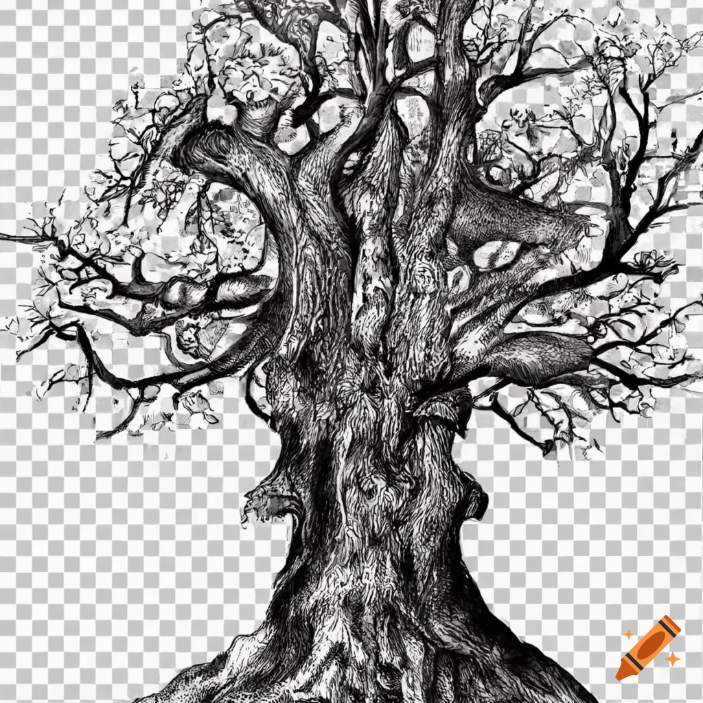 Ancient botanical ink drawings of trees in medieval style on ...