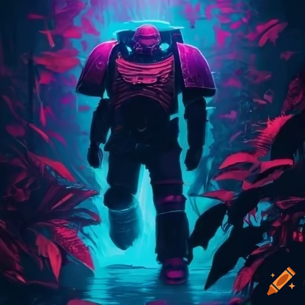 Neon cyberpunk warhammer 40K Space marine in a black forest with neon ...