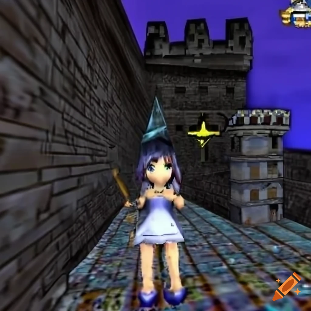 Chibi girl with a sword in a castle in a 3D game setting on Craiyon