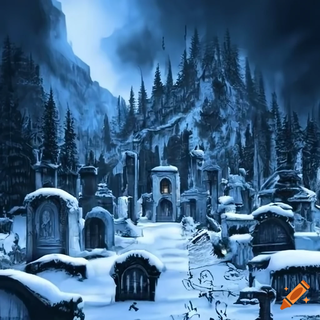 Snow covered Gothic fantasy mountain forest village graveyard on Craiyon