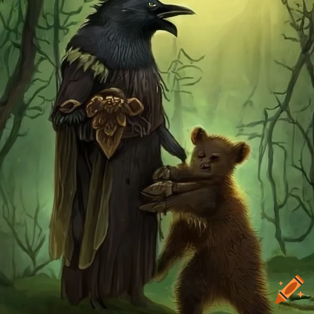 High detail crow druid with a bear cub on Craiyon