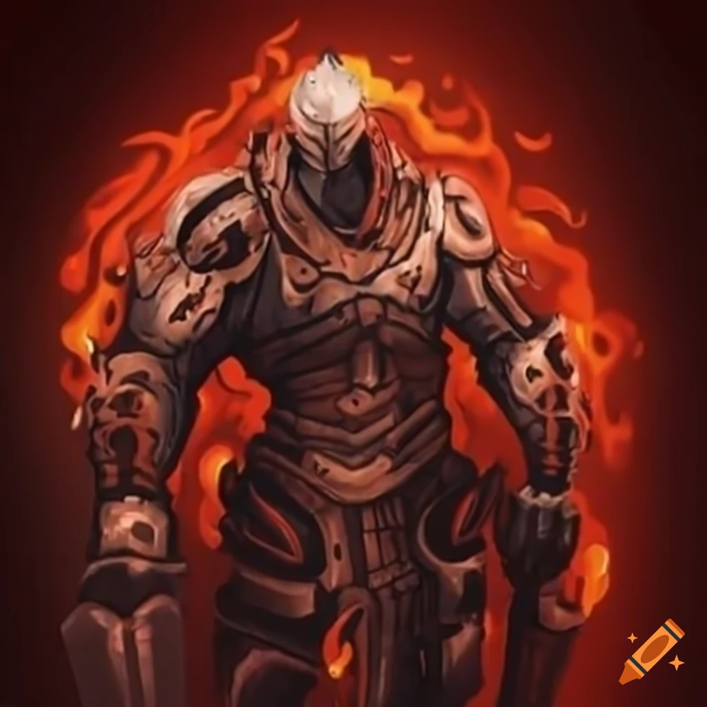 Fire tribe soldier in white armor with a red helmet in a fiery ...