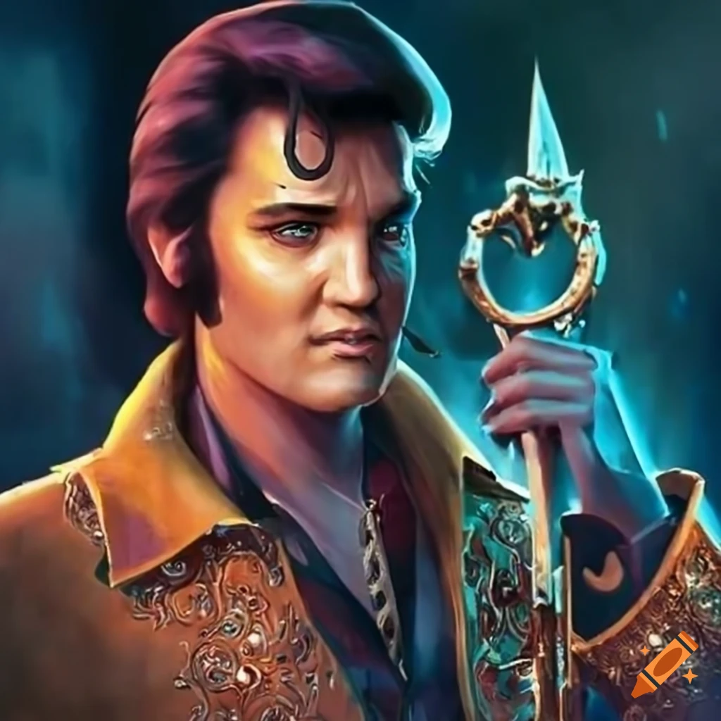 Fantasy depiction of elvis as a wizard king on Craiyon