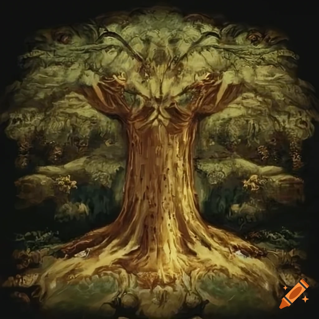 Ancient botanical oil painting of trees in medieval style on Craiyon