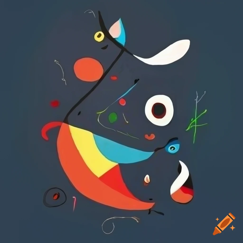 Surrealist scene with red, yellow, white, and blue creatures and plants ...