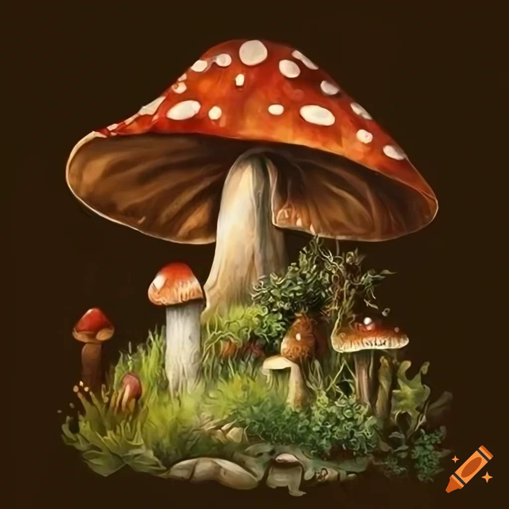 Ancient botanical oil painting of a magic mushroom garden in medieval ...