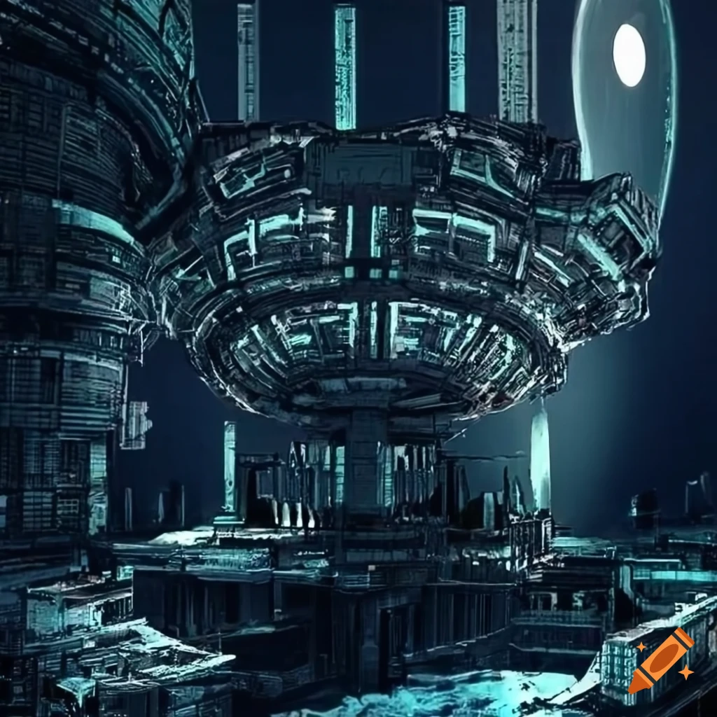 Deep ocean megastructure under full moon in a sci-fi biopunk style on ...